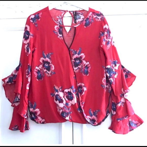 Banjara | Tops | 98 S Red Indigo Peasant Boho Top Bell Sleeve Tier Wrap Bold Floral Watercolor ...